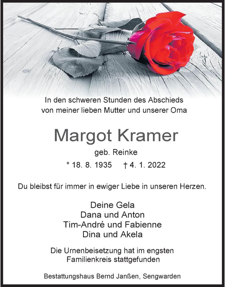 Traueranzeigen von Margot Kramer | nordwest-trauer.de