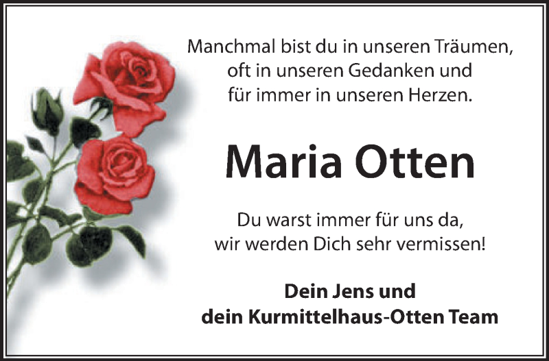 Traueranzeigen von Maria Otten | nordwest-trauer.de
