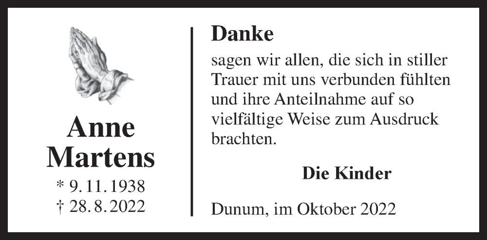 Traueranzeigen von Anne Martens | nordwest-trauer.de