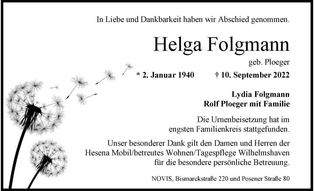 Traueranzeigen von Helga Folgmann | nordwest-trauer.de