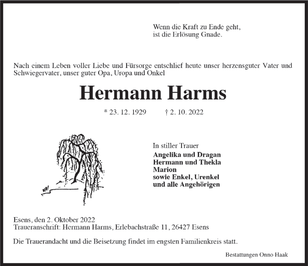 Traueranzeigen von Hermann Harms | nordwest-trauer.de