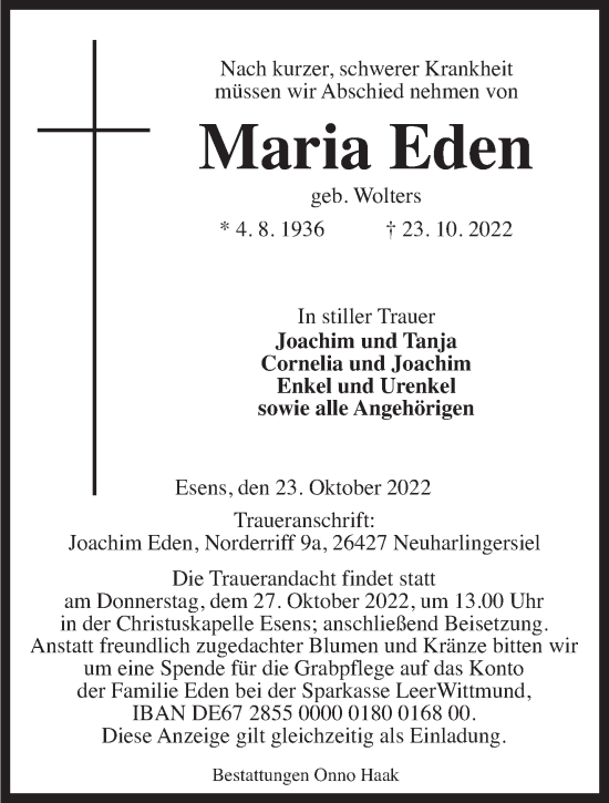 Traueranzeigen von Maria Eden | nordwest-trauer.de