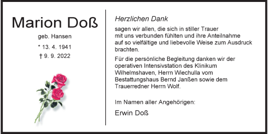 Traueranzeigen von Marion Doß | nordwest-trauer.de