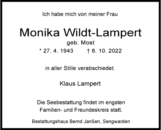 Traueranzeigen von Monika Wildt-Lampert | nordwest-trauer.de