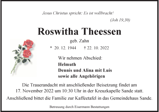 Traueranzeigen von Roswitha Theessen | nordwest-trauer.de