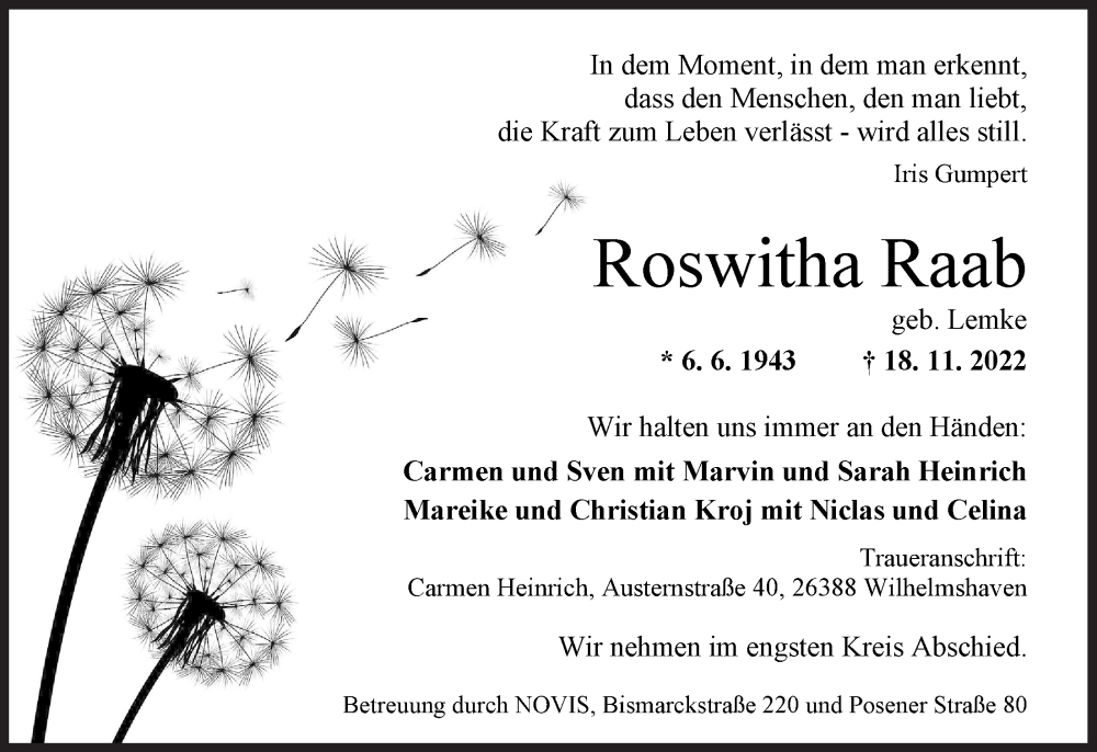 Traueranzeigen von Roswitha Raab | nordwest-trauer.de