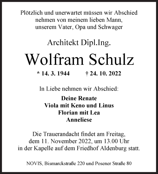 Traueranzeigen von Wolfram Schulz | nordwest-trauer.de