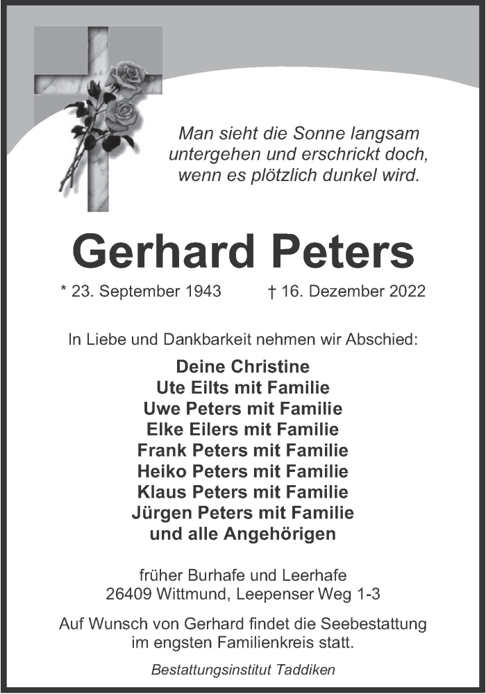 Traueranzeigen von Gerhard Peters | nordwest-trauer.de