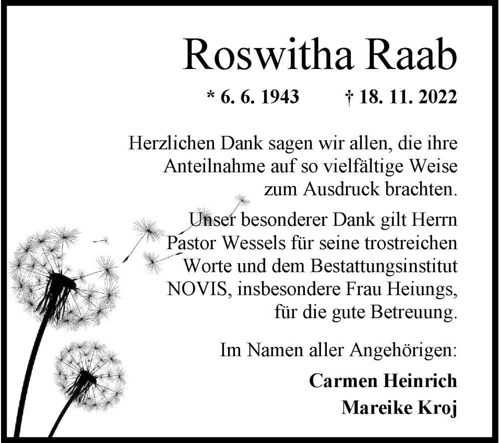 Traueranzeigen von Roswitha Raab | nordwest-trauer.de