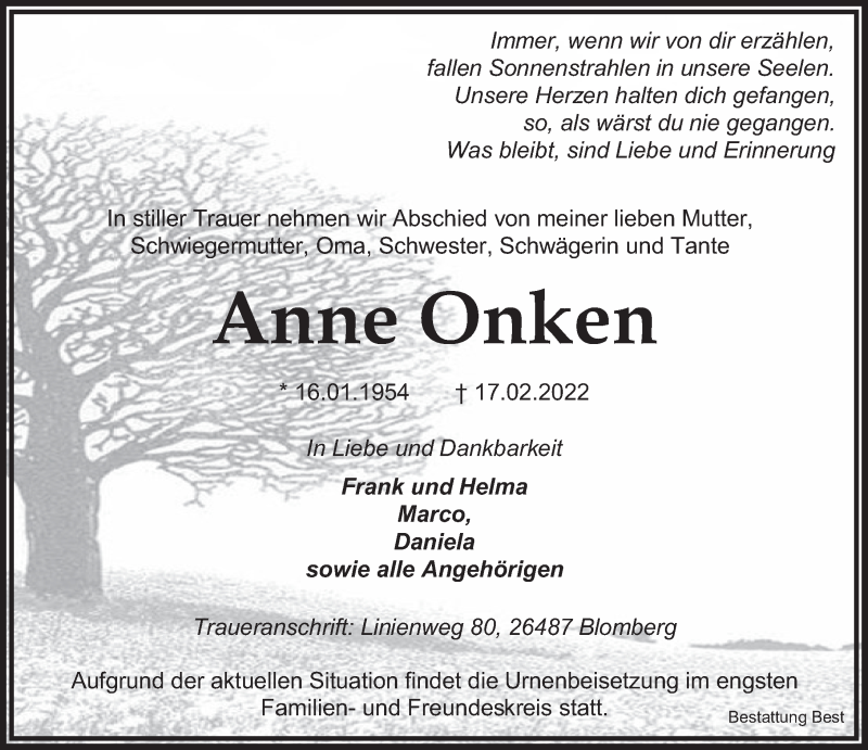 Traueranzeigen von Anne Onken | nordwest-trauer.de
