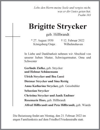 Traueranzeigen von Brigitte Strycker | nordwest-trauer.de