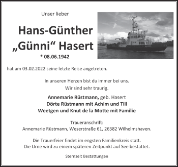 Traueranzeigen von Hans-Günther Hasert | nordwest-trauer.de
