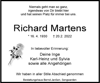 Traueranzeigen von Richard Martens | nordwest-trauer.de
