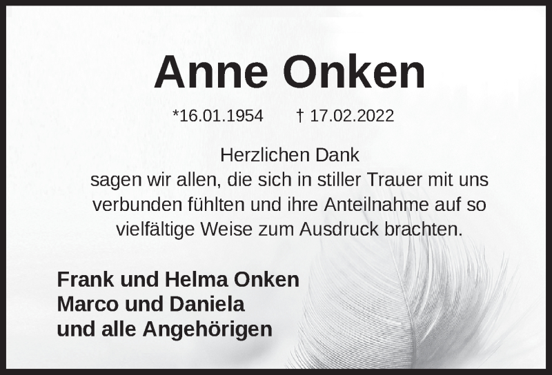 Traueranzeigen von Anne Onken | nordwest-trauer.de