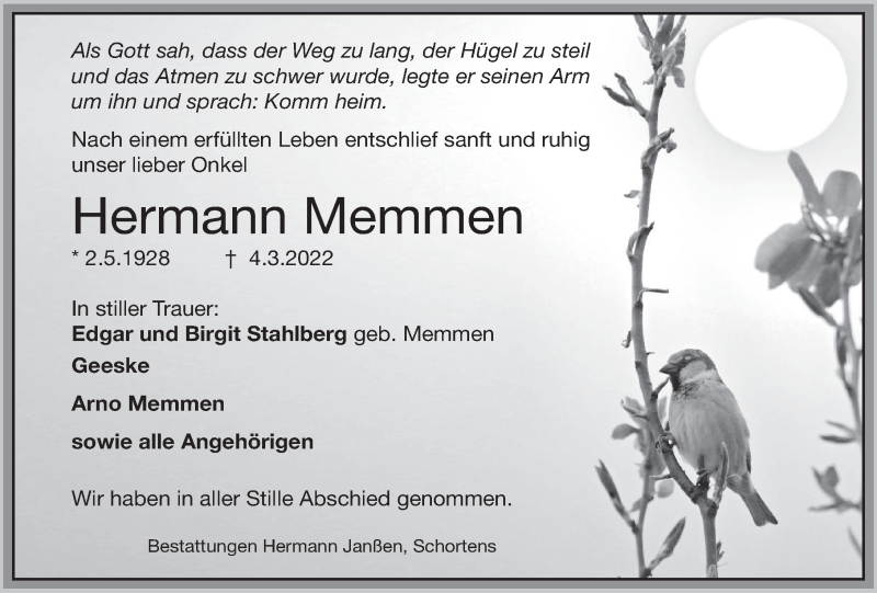 Traueranzeigen von Hermann Memmen | nordwest-trauer.de