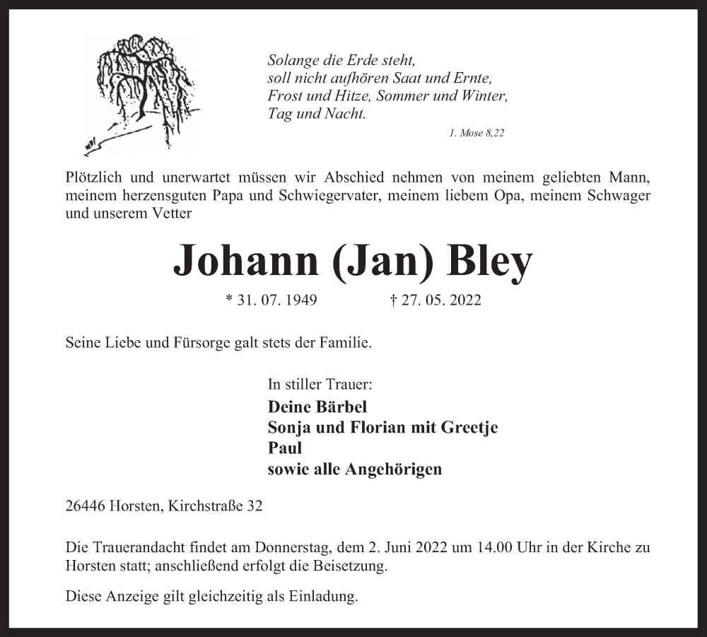 Traueranzeigen von Johann Bley | nordwest-trauer.de