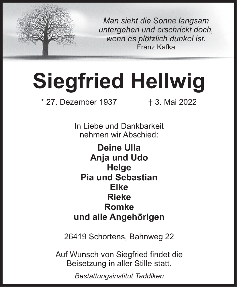 Traueranzeigen von Siegried Hellwig | nordwest-trauer.de