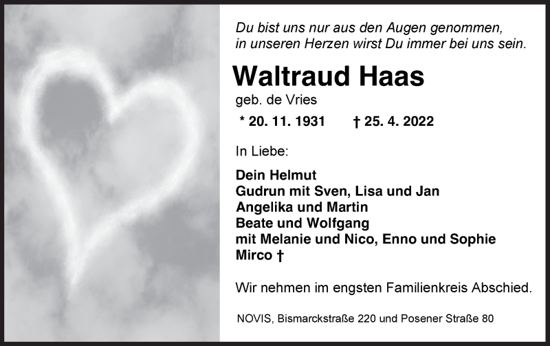 Traueranzeigen von Waltraud Haas | nordwest-trauer.de