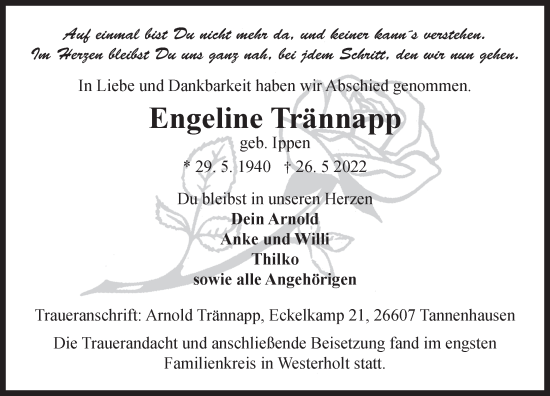 Traueranzeigen von Engeline Trännapp | nordwest-trauer.de