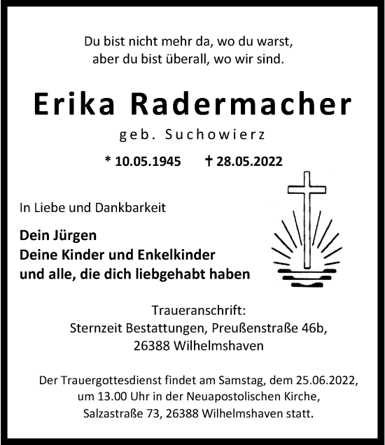 Traueranzeigen von Erika Radermacher | nordwest-trauer.de
