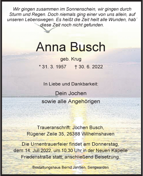 Traueranzeigen von Anna Busch | nordwest-trauer.de