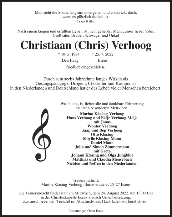 Traueranzeigen von Christiaan Verhoog | nordwest-trauer.de