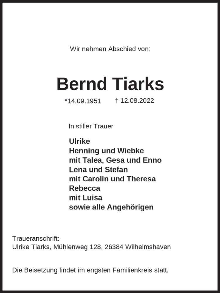 Traueranzeigen von Bernd Tiarks | nordwest-trauer.de