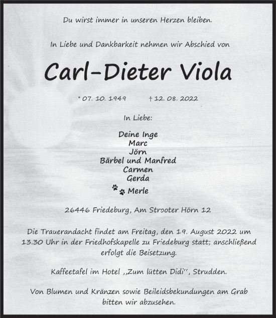 Traueranzeigen von Carl Viola | nordwest-trauer.de