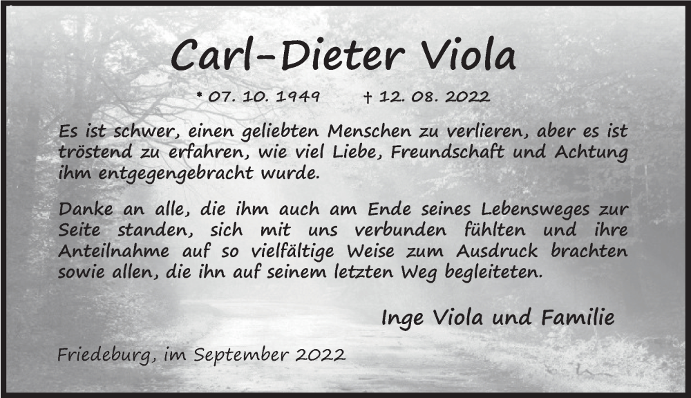 Traueranzeigen von Carl-Dieter Viola | nordwest-trauer.de