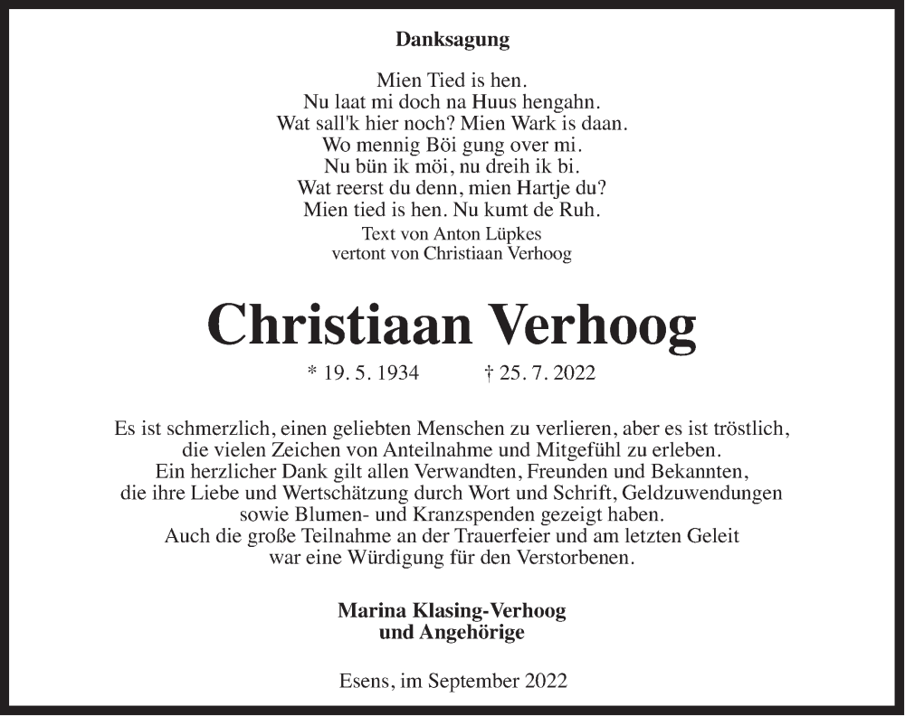 Traueranzeigen von Christiaan Verhoog | nordwest-trauer.de