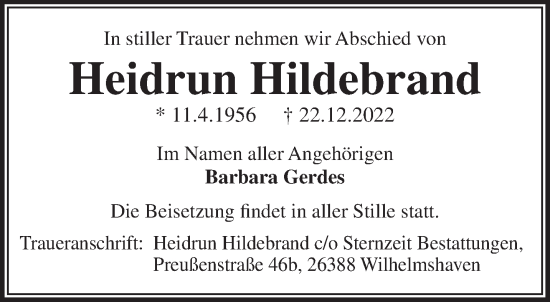 Traueranzeigen von Heidrun Hildebrand | nordwest-trauer.de