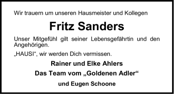 Traueranzeigen von Fritz Sanders | nordwest-trauer.de