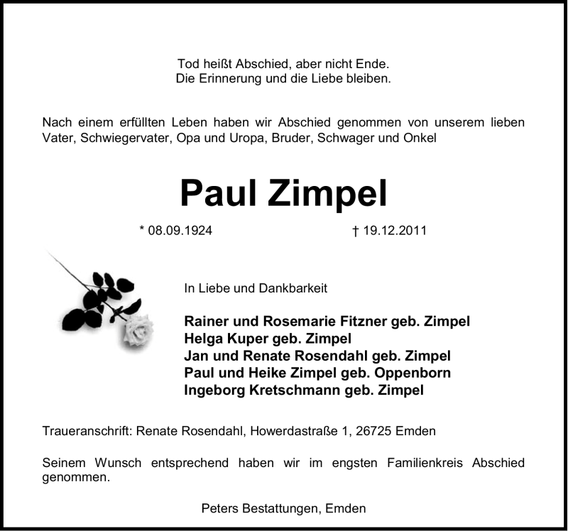 Traueranzeigen von Paul Zimpel | nordwest-trauer.de