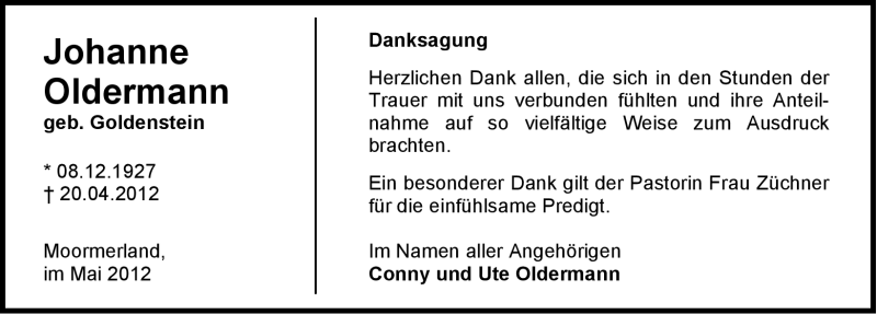 Traueranzeigen von Johanne Oldermann | nordwest-trauer.de