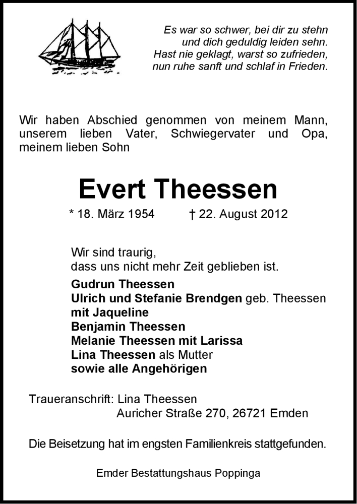 Traueranzeigen von Evert Theessen | nordwest-trauer.de