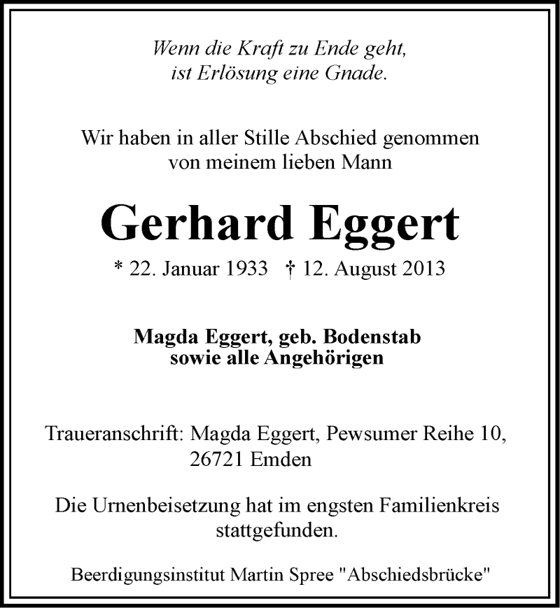 Traueranzeigen von Gerhard Eggert | nordwest-trauer.de