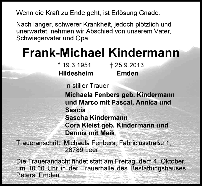 Traueranzeigen von Frank-Michael Kindermann | nordwest-trauer.de