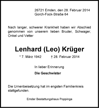Traueranzeigen von Lenhard Krüger | nordwest-trauer.de