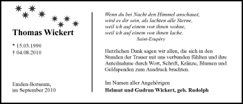 Traueranzeigen von Thomas Wickert | nordwest-trauer.de