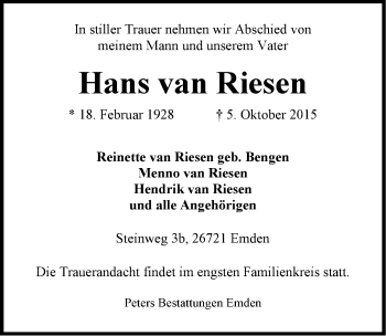 Traueranzeigen von Hans van Riesen | nordwest-trauer.de