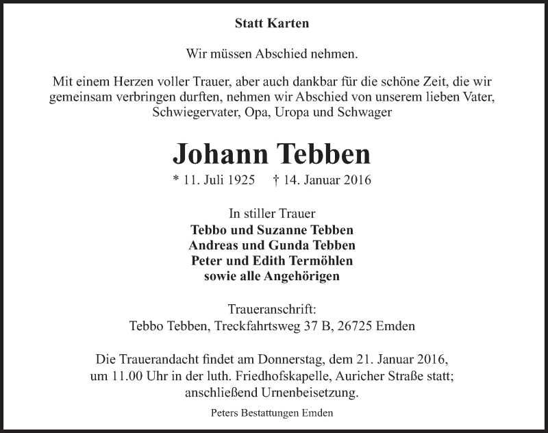 Traueranzeigen von Johann Tebben | nordwest-trauer.de
