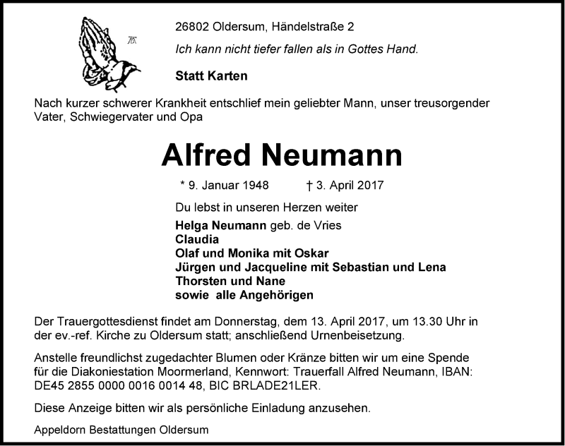 Traueranzeigen von Alfred Neumann | nordwest-trauer.de