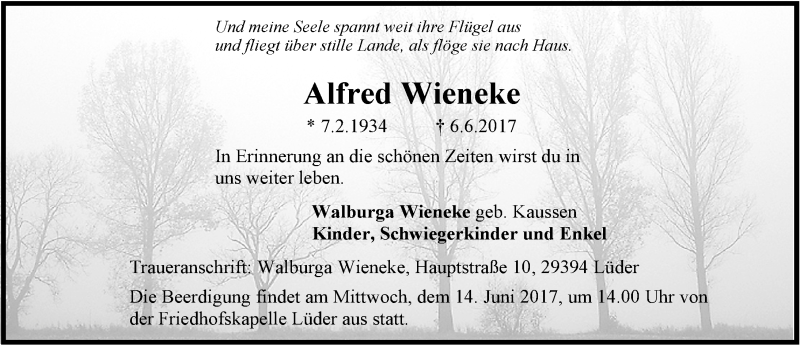 Traueranzeigen von Alfred Wieneke | nordwest-trauer.de