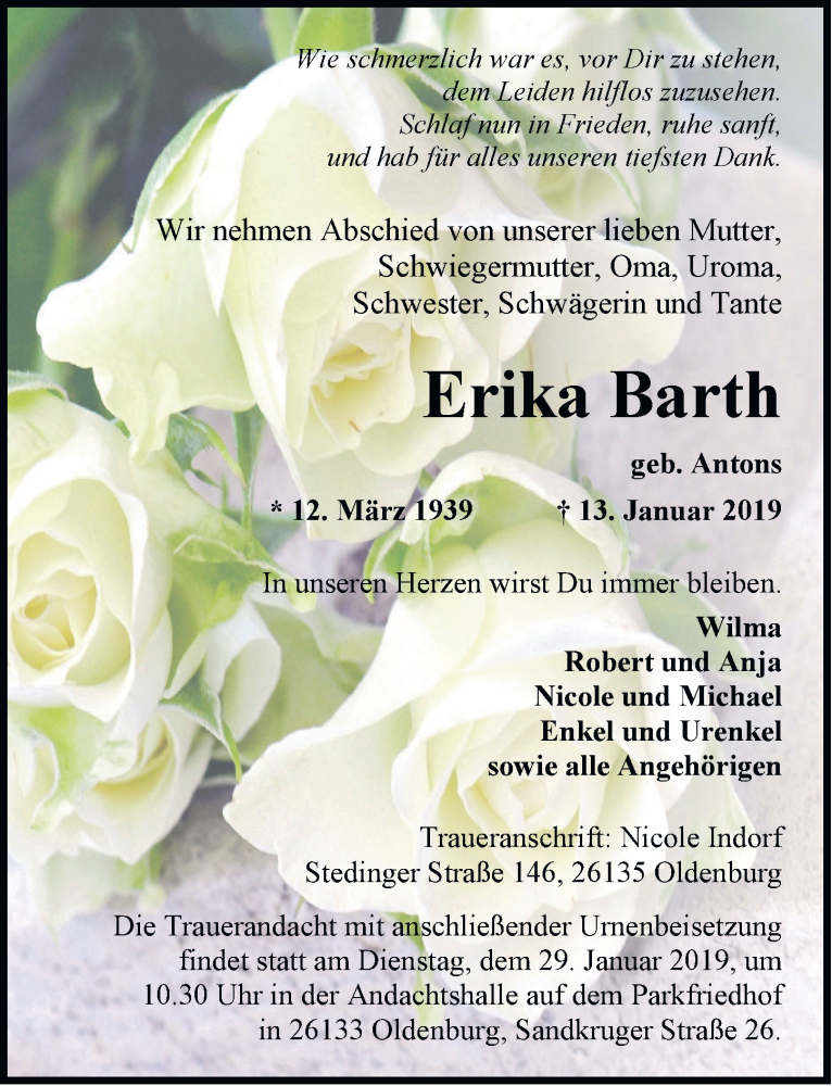 Traueranzeigen von Erika Barth | nordwest-trauer.de