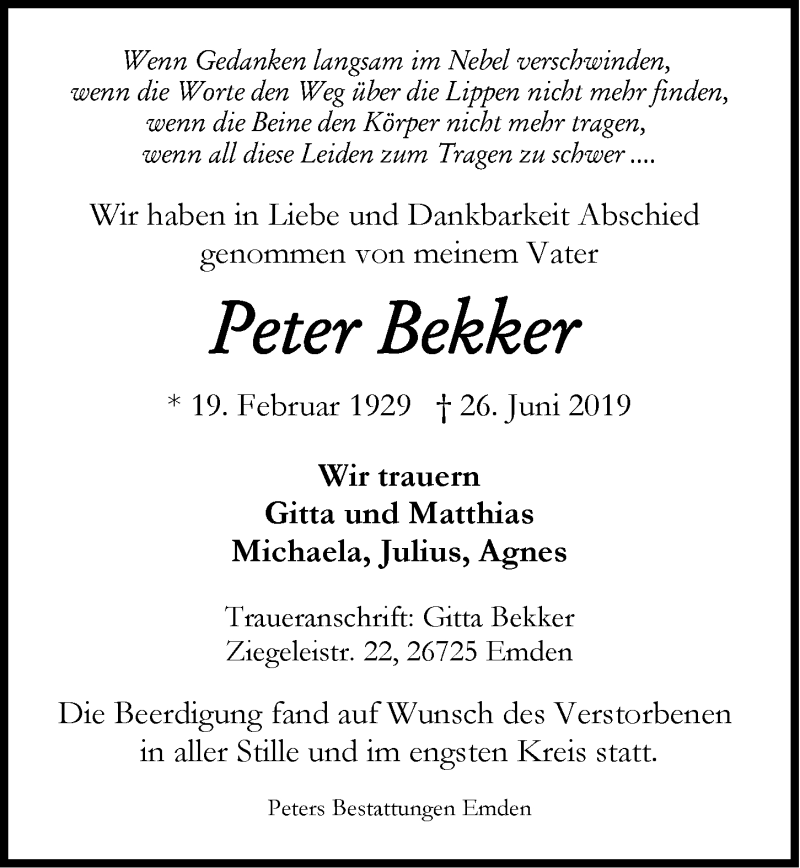 Traueranzeigen von Peter Bekker | nordwest-trauer.de